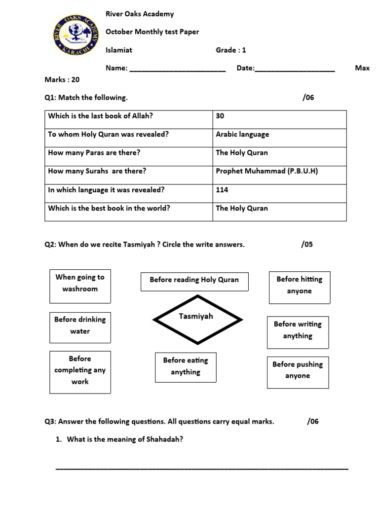 October Monthly Test Paper - Grade 1 | PDF