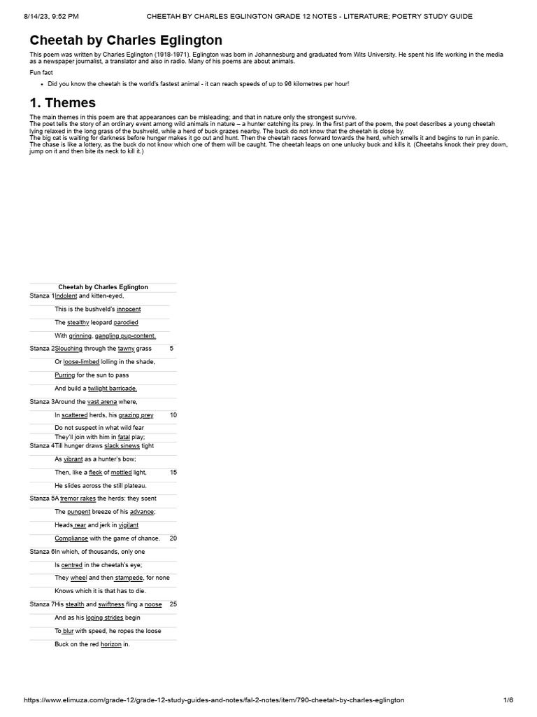 Cheetah by Charles Eglington Grade 12 Notes - Literature Poetry Study ...
