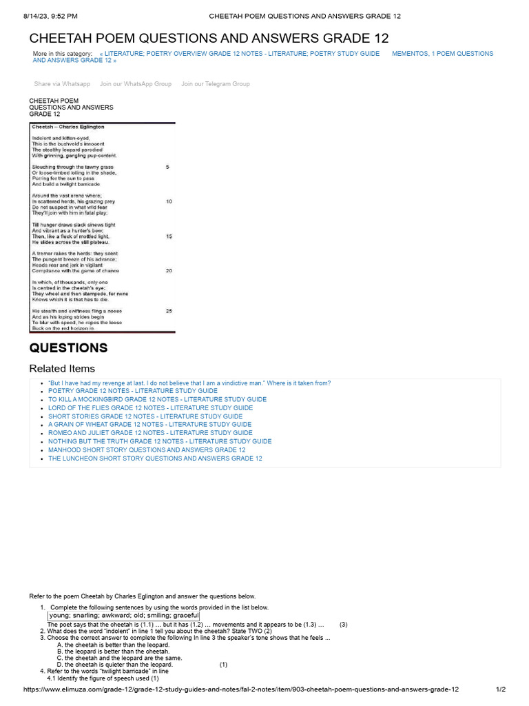 Cheetah Poem Q&A for Grade 12 | PDF | Hunting | Poetry