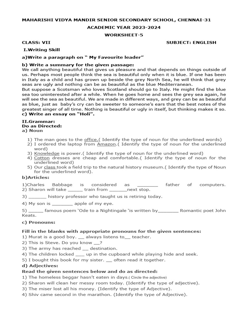 Class Vii Worksheet 5 | PDF | Noun | Adjective