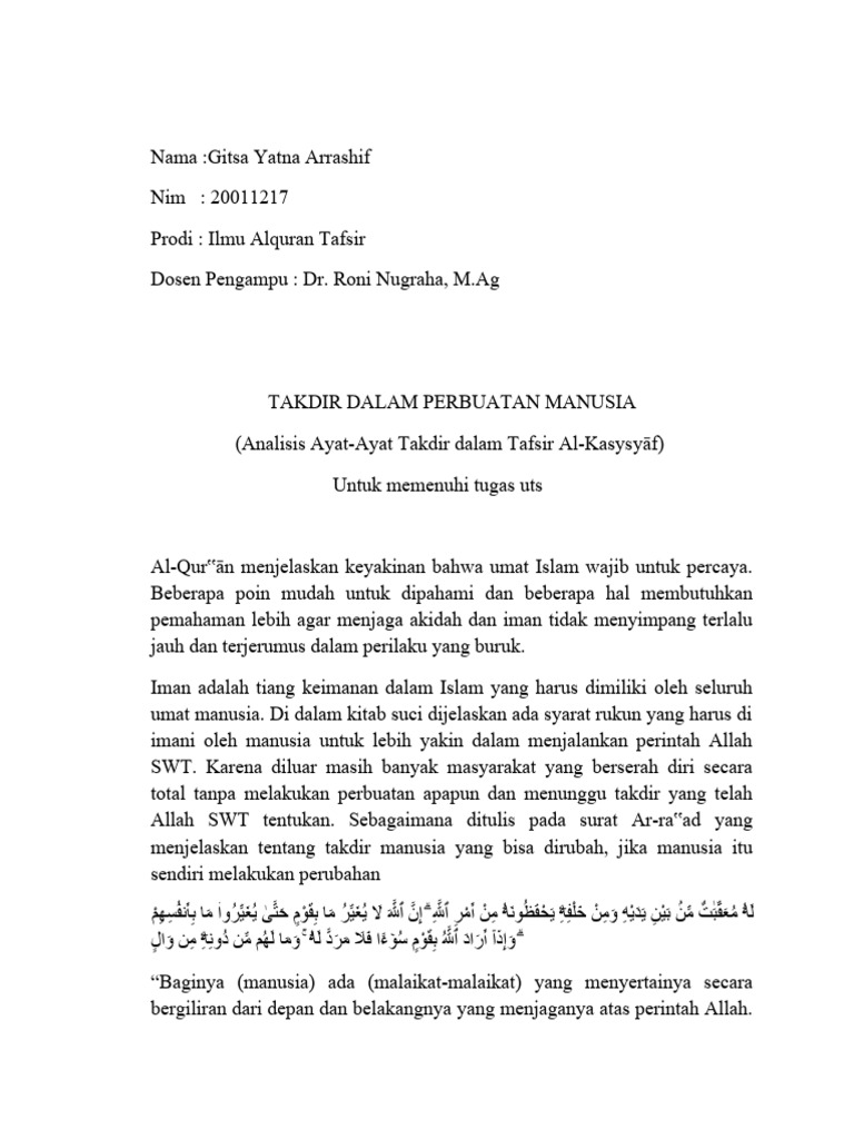 Takdir Dalam Perbuatan Manusia Gitsa Yatna Arra | PDF