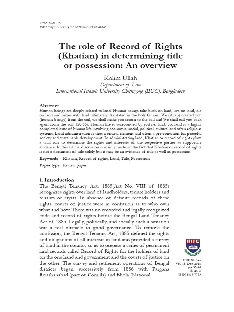 The Role of Record of Rights (Khatian) in Determining Title or ...