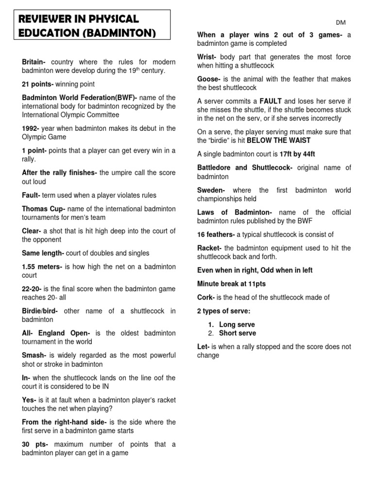 Reviewer in Physical Education (Badminton) | PDF | Summer Olympic Games ...