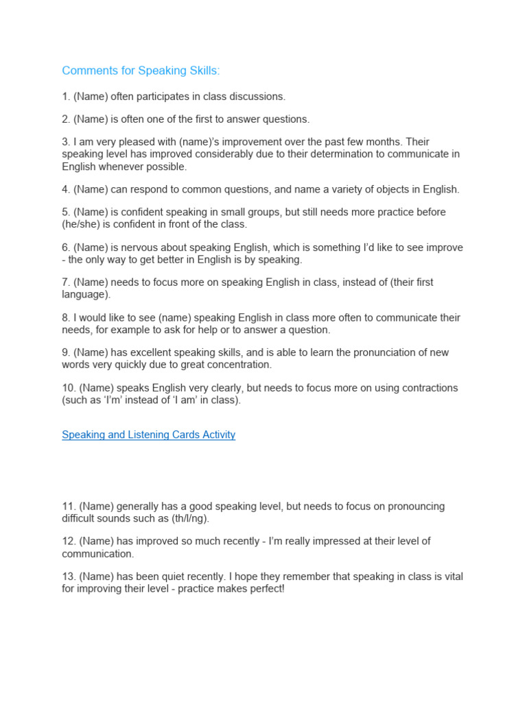 Comments For Speaking Skills | PDF | English Language | English As A ...