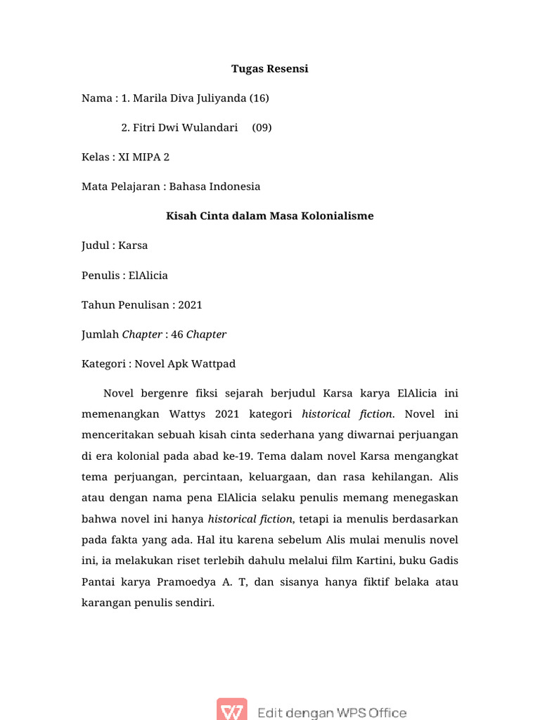 Tugas Resensi Novel Karsa Karya ElAlicia-1 | PDF | Puisi