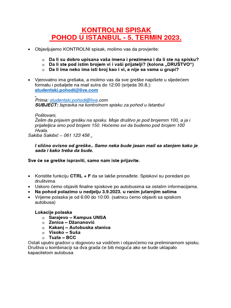 Kontrolni Spisak Istanbul - 5. Termin | PDF