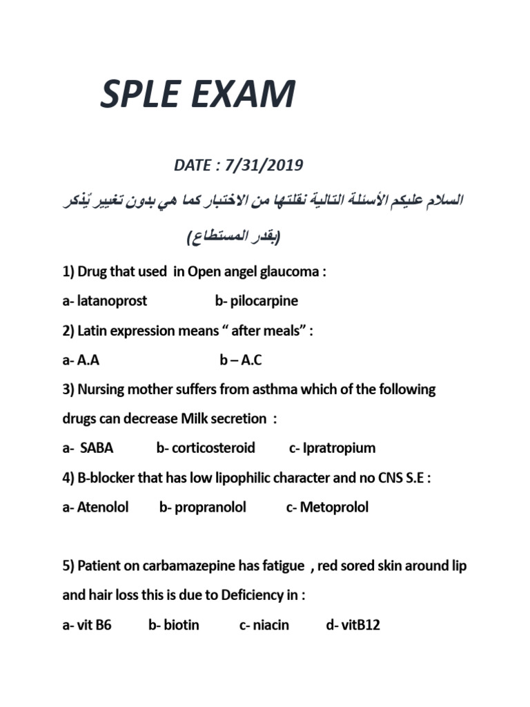 Sple Exam 7-31-2019 | PDF | Penicillin | Clinical Medicine