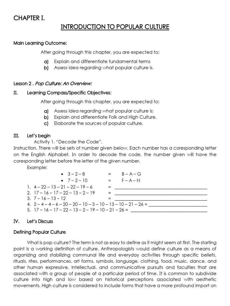 Chapter I. Lesson 2. Pop Culture An Overview | PDF | Popular Culture | Mass Media