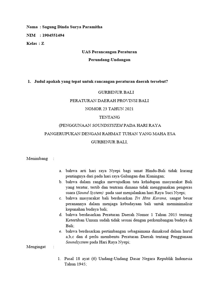Perda Bali: Aturan Sound System Nyepi | PDF | Politik | Perjalanan