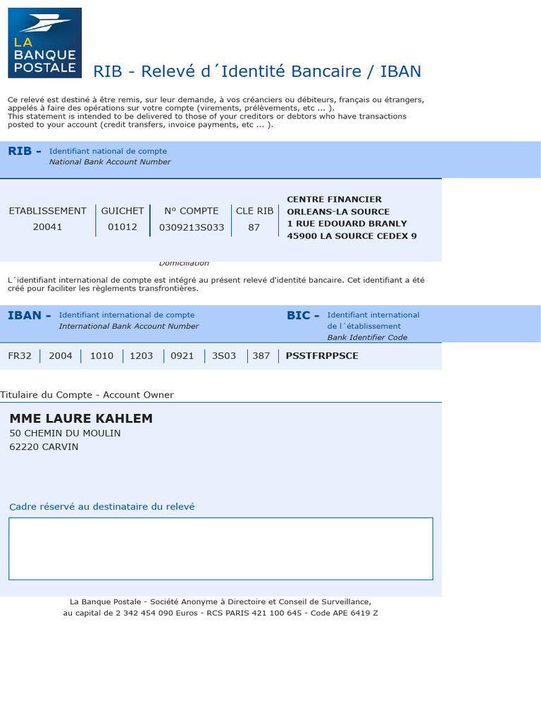 RIB de La Banque Postale à Orléans | PDF
