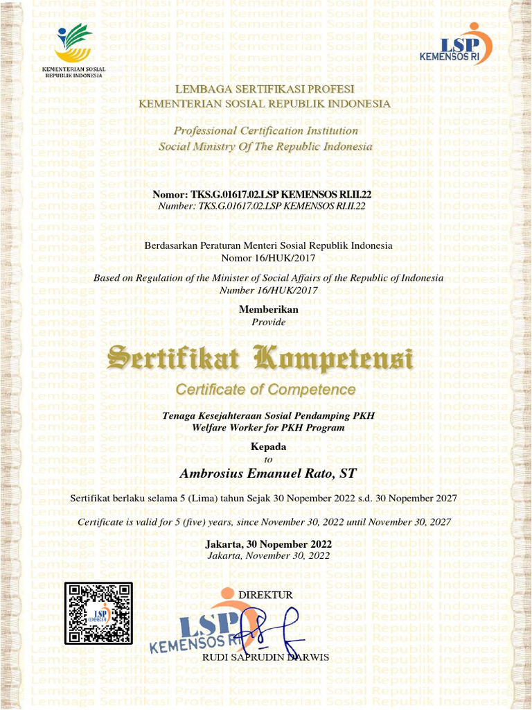 Sertifikat Ukom Uji Kompetensi Sertifikasi TKS PKH - Ambrosius Emanuel Rato, ST | PDF