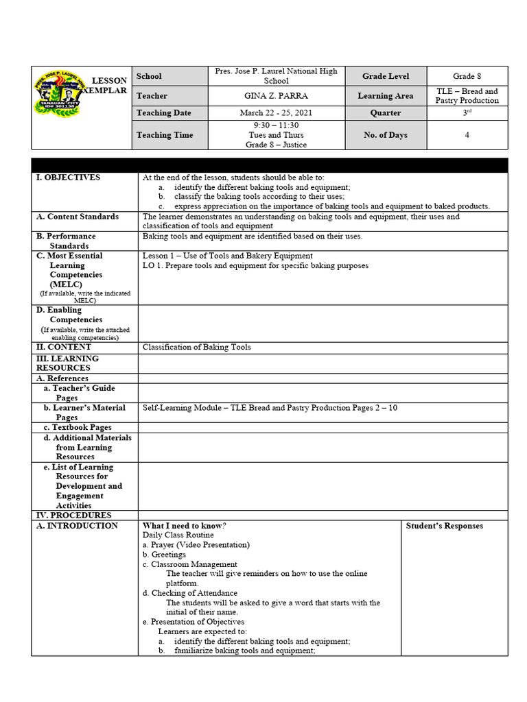 Detailed Lesson Plan in TLE 8 - GZParra | PDF | Cakes | Baking