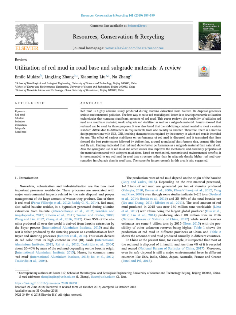 Utilization of Red Mud in Road Base and Subgrade Materials: A Review ...