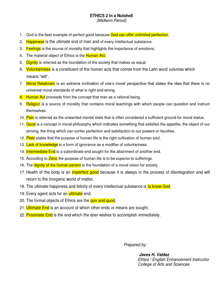 Final Copy ETHICS 2 in A Nutshell | PDF | Happiness | Perfection