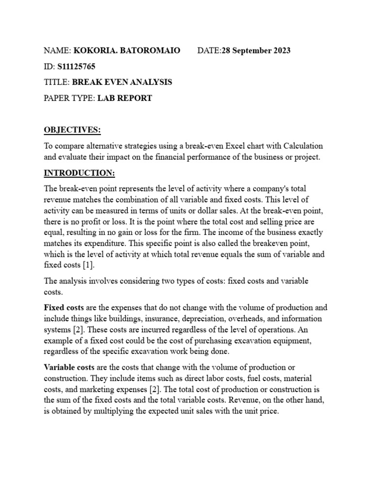 Lab Report - Break Even Analysis | Download Free PDF | Business ...
