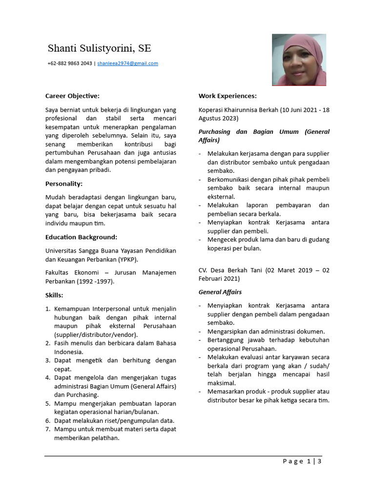 CV Shanti Sulistyorini | PDF