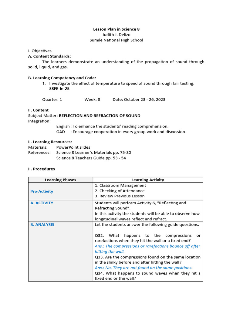 Sound Reflection and Refraction Lesson Plan | PDF | Sound | Waves