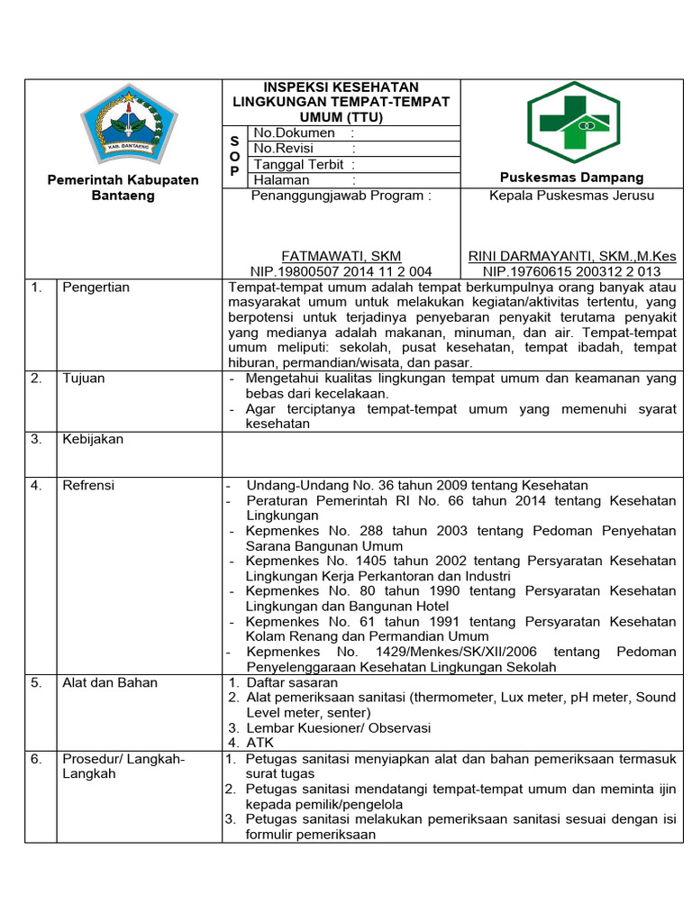 Sop Inspeksi Kesehatan Lingkungan Tempat-Tempat Umum | PDF