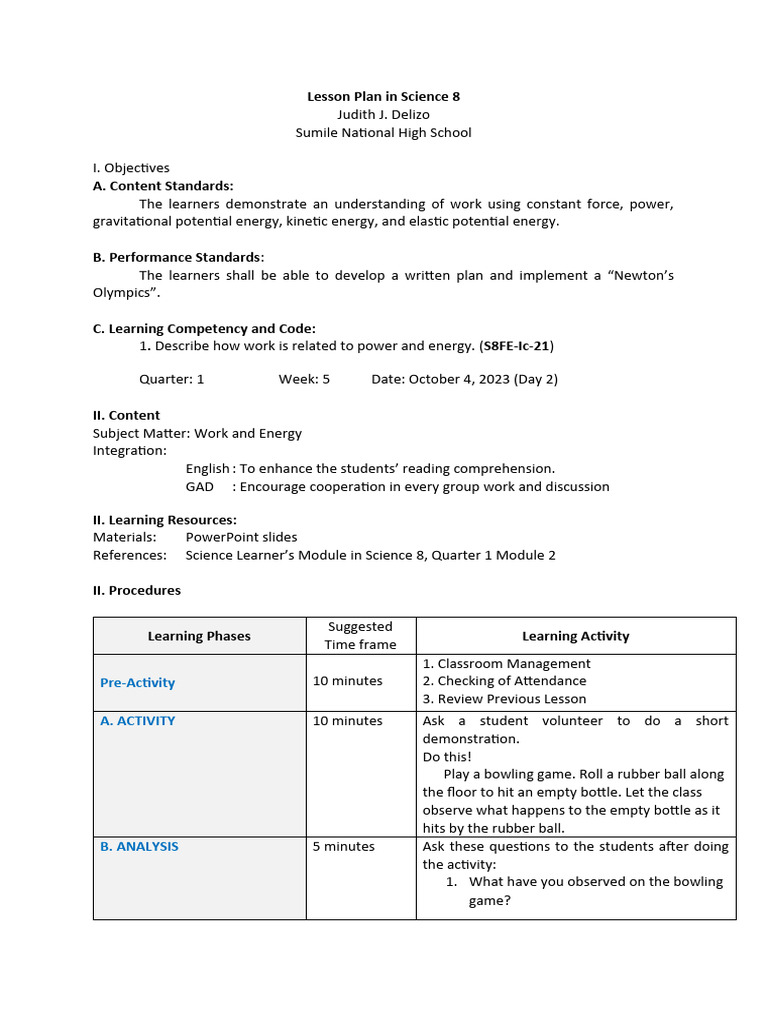 Science 8 Q1 W5 D2 | PDF | Learning | Potential Energy