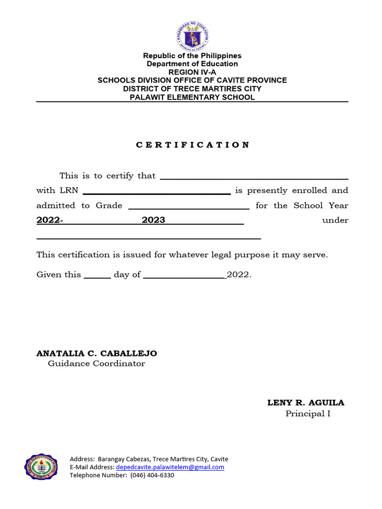 Certificate of Enrollment - Template | PDF Certificate of Enrollment - Template | PDF