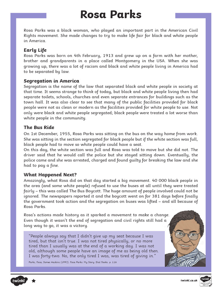 Rosa Parks Differentiated Reading Comprehension Activity | PDF | Rosa ...