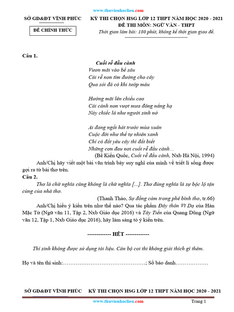 De Thi HSG Van 12 VINH PHUC 2021 | PDF