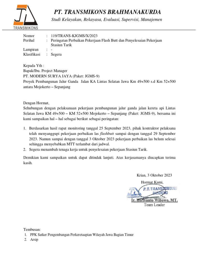 119-Surat Peringatan Perbaikan Flashbutt Dan Stasiun Tarik JGMS-9 (3-10 ...