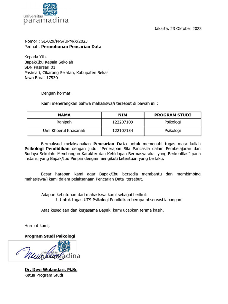 Surat Magang Paramadina | PDF | Karier & Perkembangan