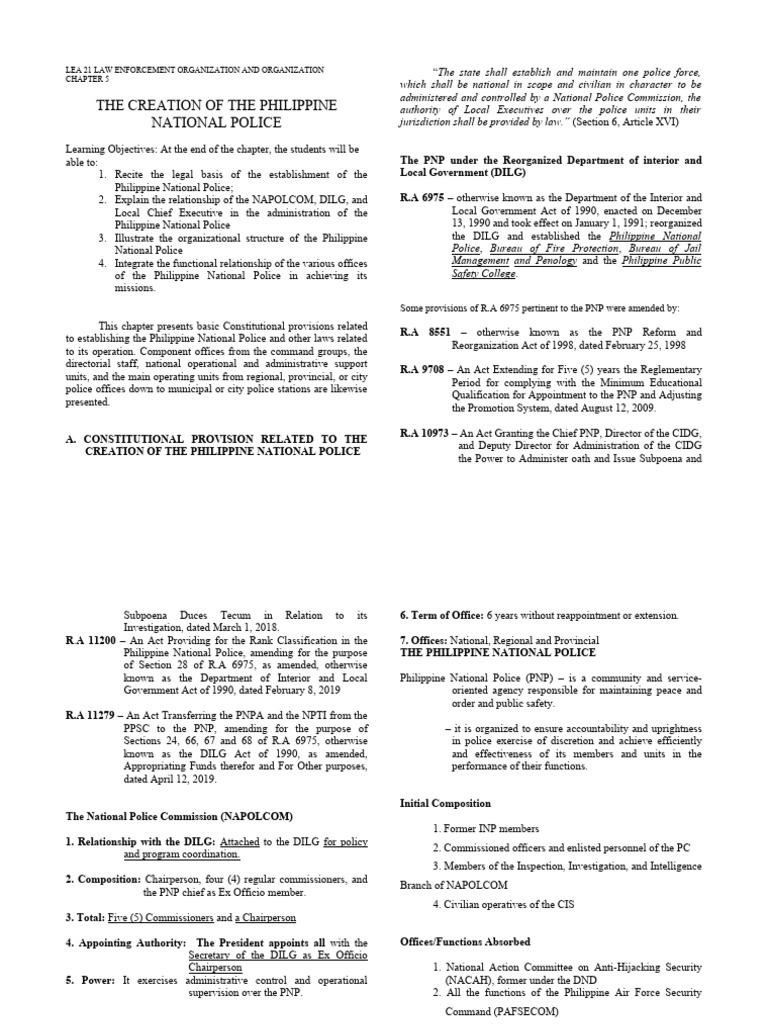 LEA 21 Chapter 5 Midterm The Creation of The Philippine National Police... | PDF | Police ...
