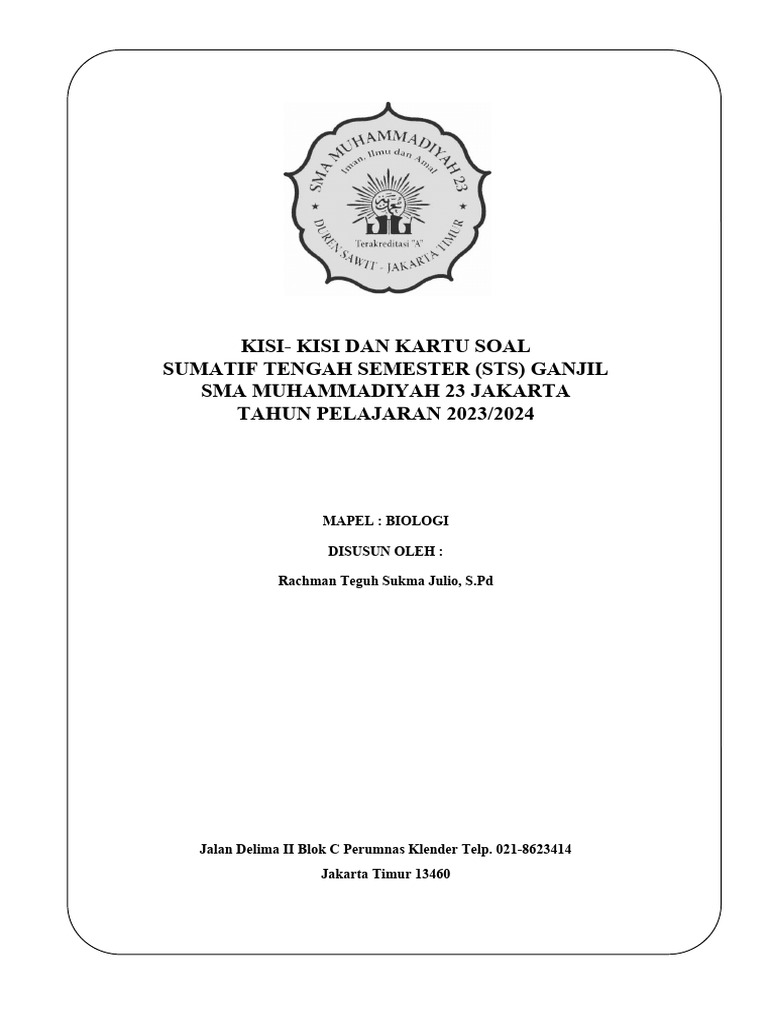 Kisi-Kisi Soal Biologi STS SMA 2023/2024 | PDF
