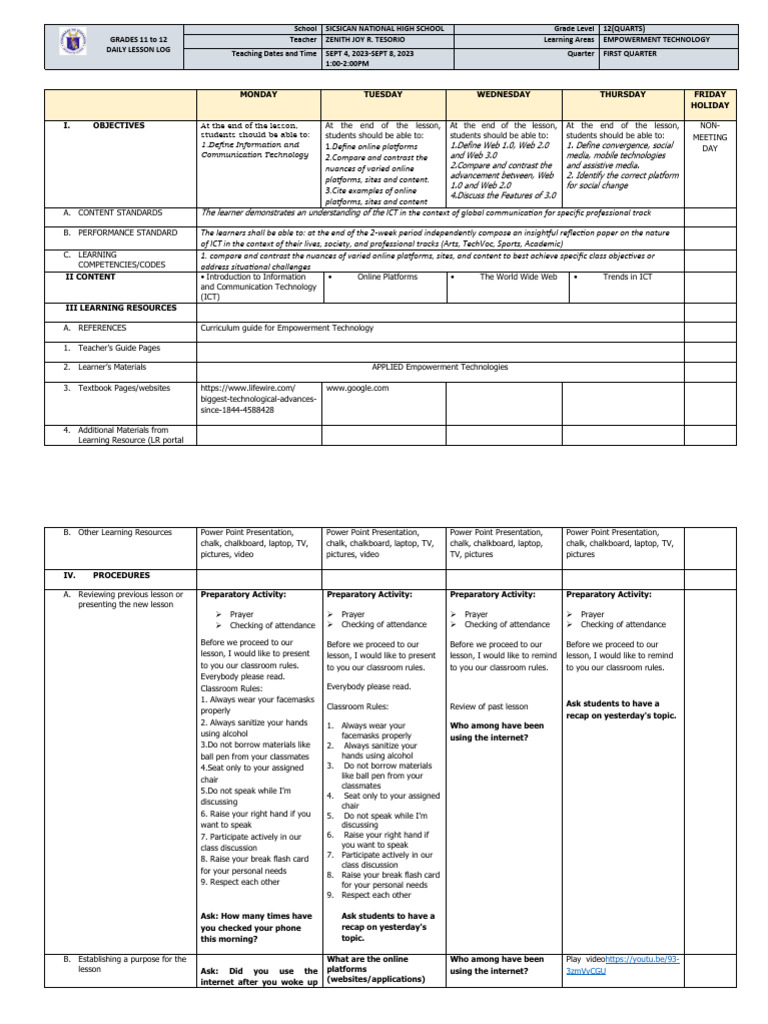 Grade 12 Empowerment Tech Lesson Plan | PDF | Educational Technology | World Wide Web