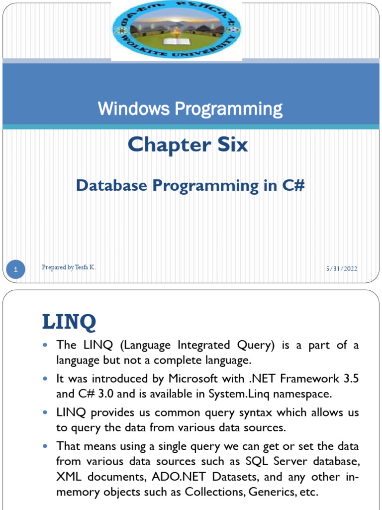 Chapter Six C# | PDF | Language Integrated Query | Databases