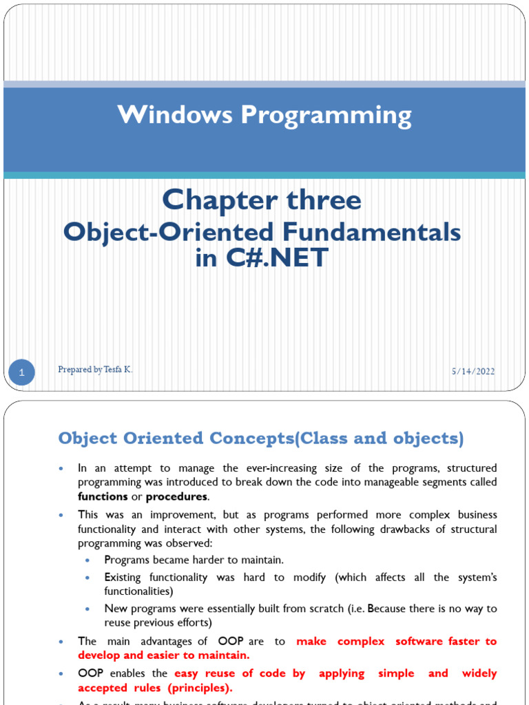 Chapter Three Slide C# STD | PDF | Object Oriented Programming | Class (Computer Programming)