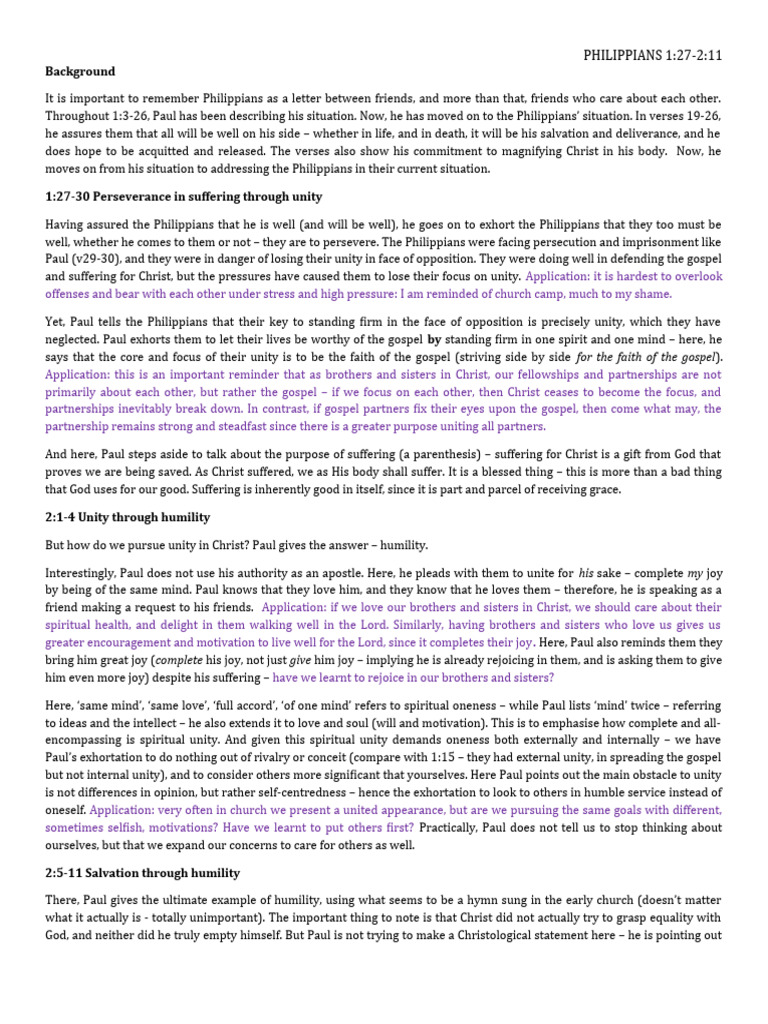 Notes On Philippians 1 - 27!2!11 | PDF | Humility | Epistle To The ...