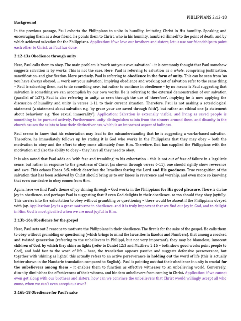 Notes On Philippians 2-12-18 | PDF | Paul The Apostle | Epistle To The ...
