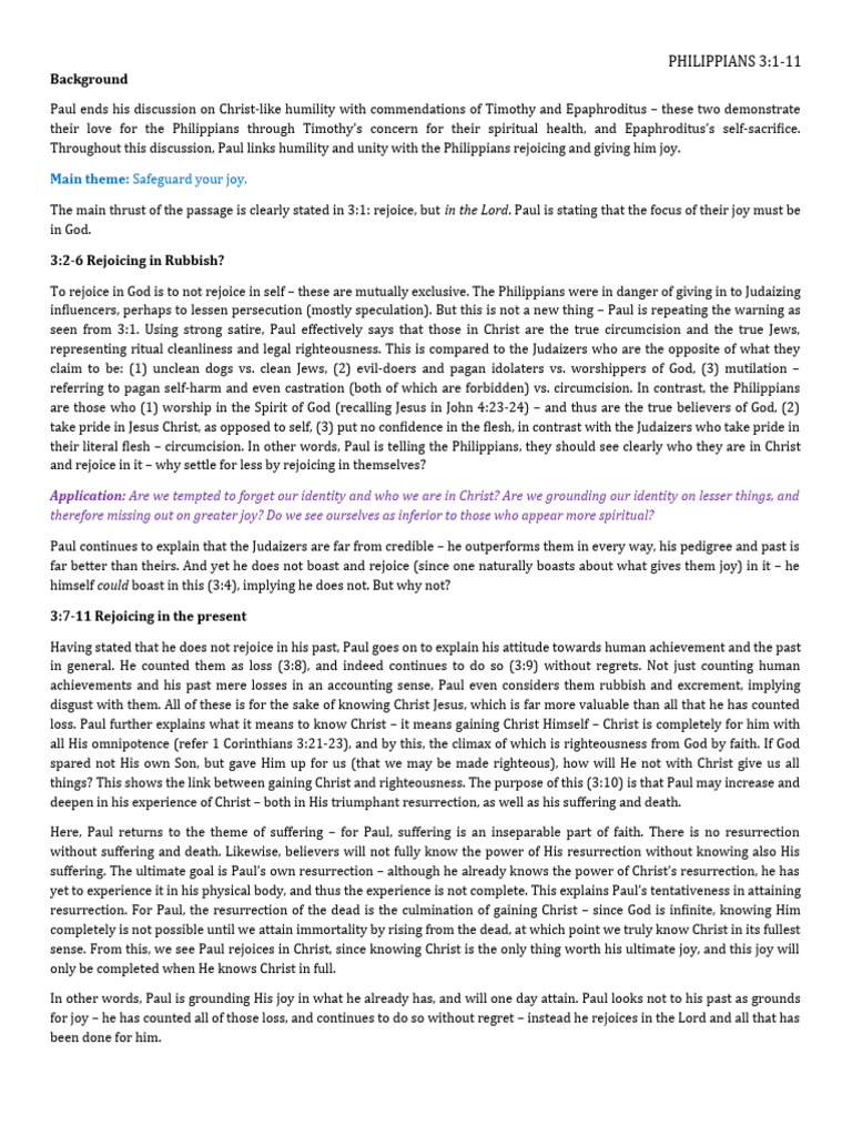 Notes On Philippians 3-1-11 | PDF | Epistle To The Philippians | Paul ...
