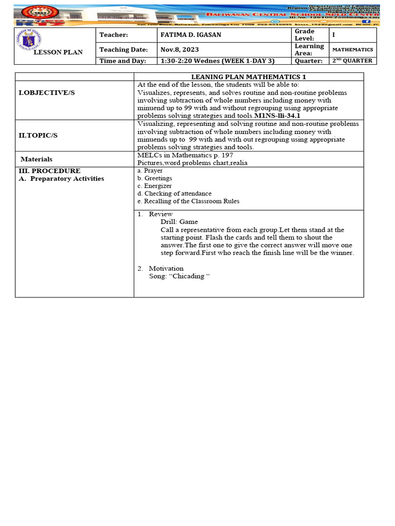Q2 Math Wk1 Day3 IGASAN | PDF | Subtraction | Education Theory