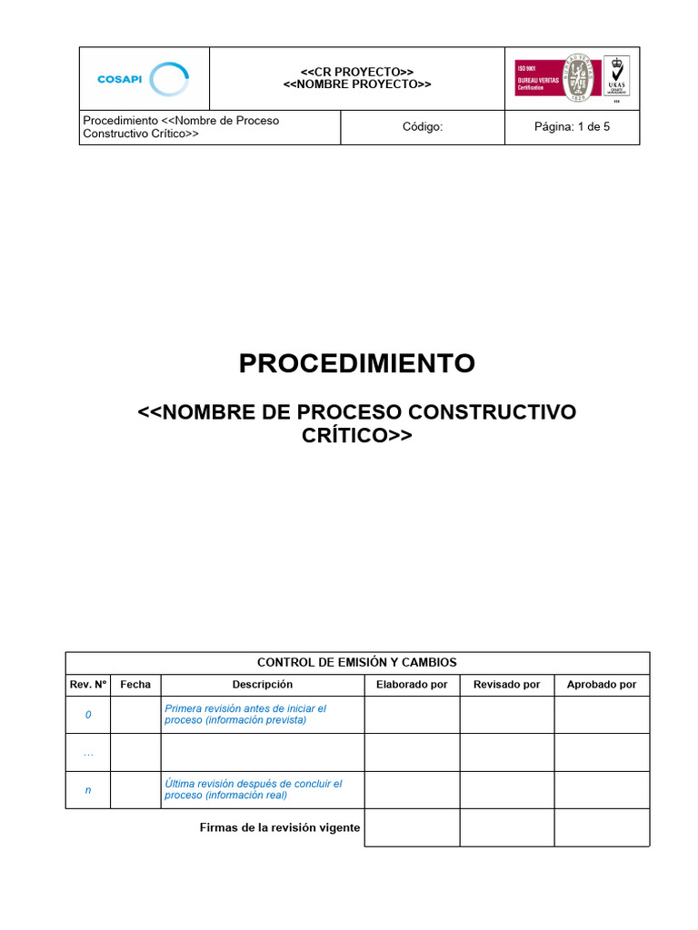 PG-CAL-TMP-01 Plantilla de Procedimiento de Procesos Constructivos Críticos | PDF