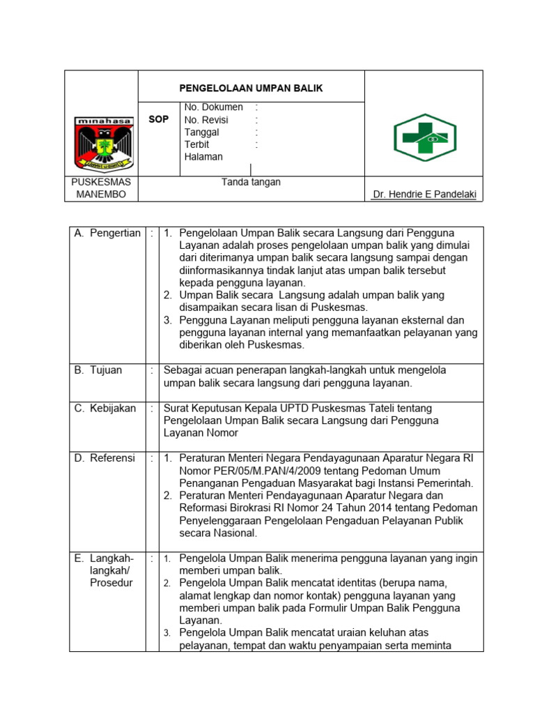 112.d.2 SOP Pengelolaan Umpan Balik Dari Pengguna Layanan222 | PDF