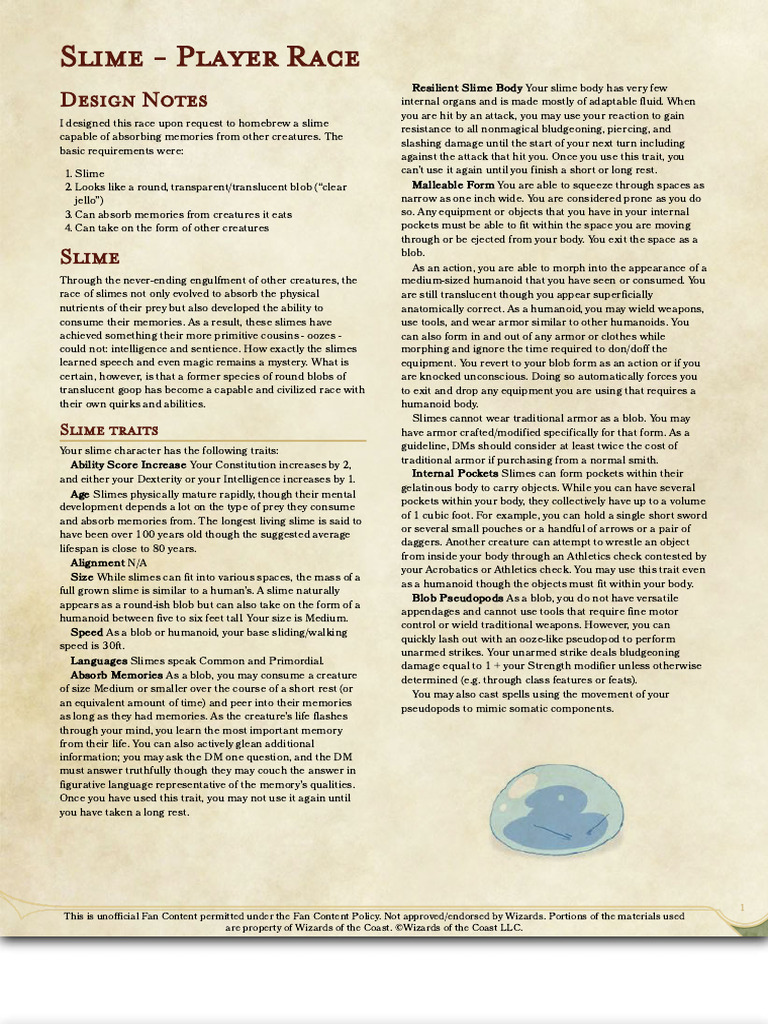 Slime Race (Homebrew, D&D 5e) - GM Binder | PDF