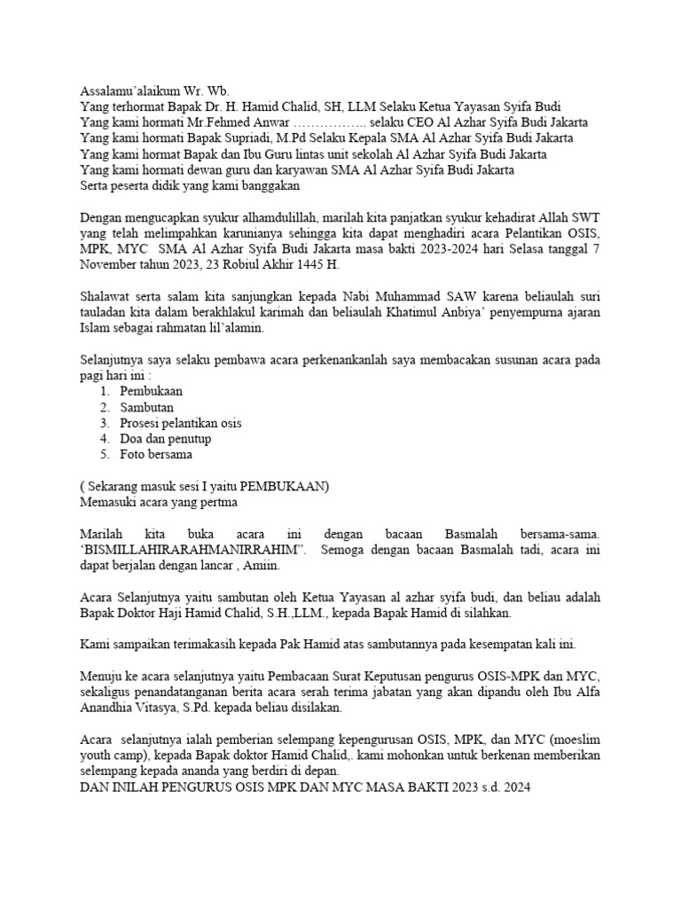 Teks MC Pelantikan Osis | PDF