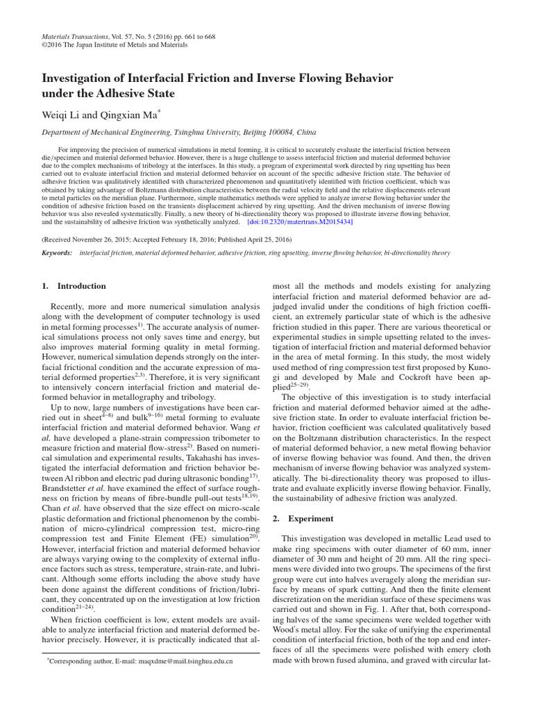 Investigation of Interfacial Friction and Inverse Flowing Behavior Under The Adhesive State ...