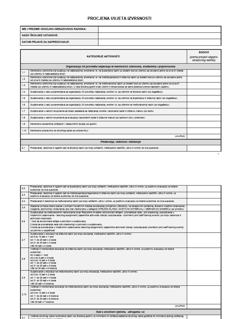 Procjena Uvjeta Izvrsnosti Uz Obrazac Prijave | PDF