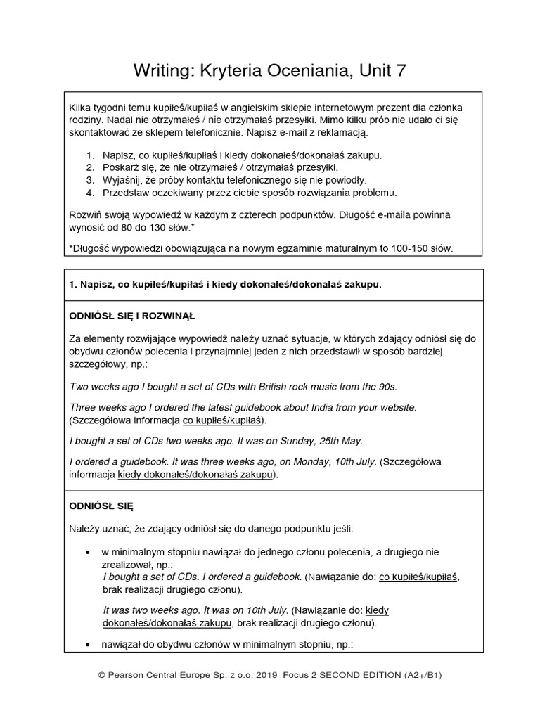 Focus 2 Kryteria Oceniania Writing Unit7 - Fordesign | PDF