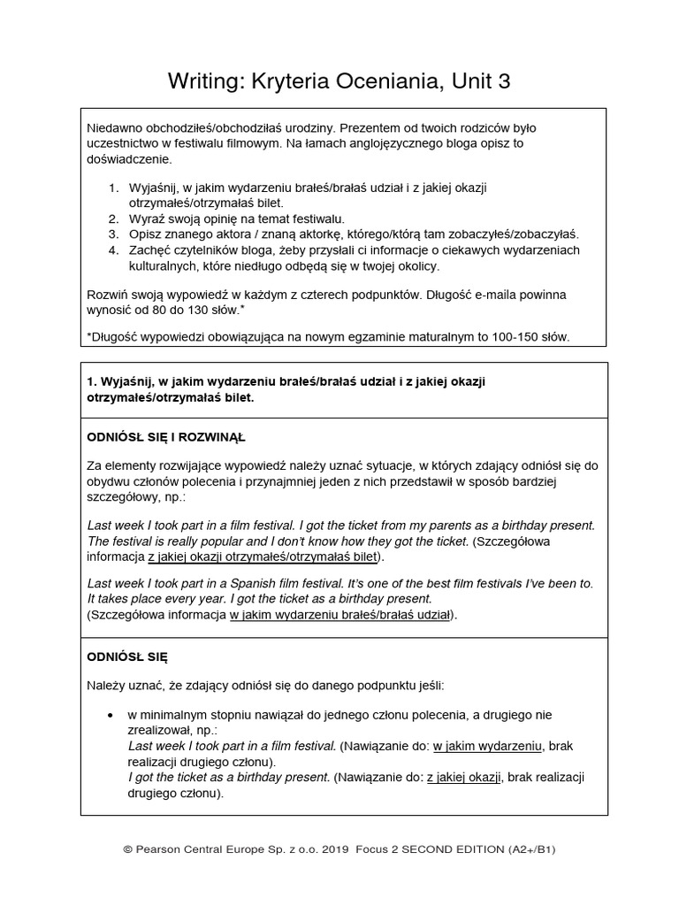 Focus 2 Kryteria Oceniania Writing Unit3 KP - Fordesign | PDF