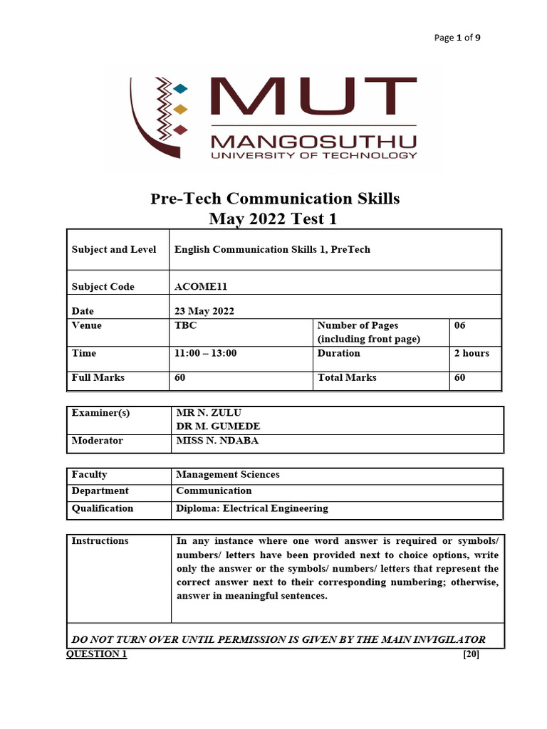 PreTech Elect - Test 1 - S1 - 2022 | PDF | Thought | Attention