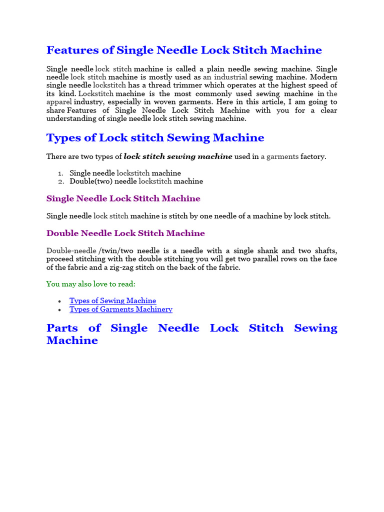 Features of Single Needle Lock Stitch Machine | PDF | Sewing Machine ...