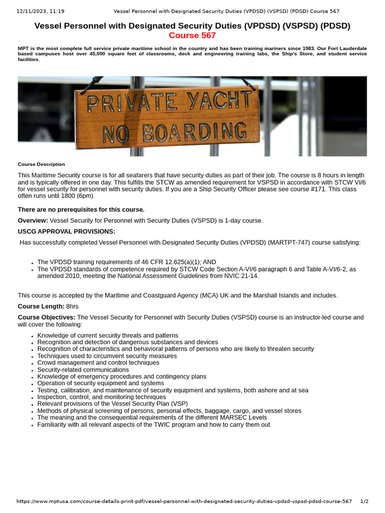 Vessel Personnel With Designated Security Duties (VPDSD) (VSPSD) (PDSD ...