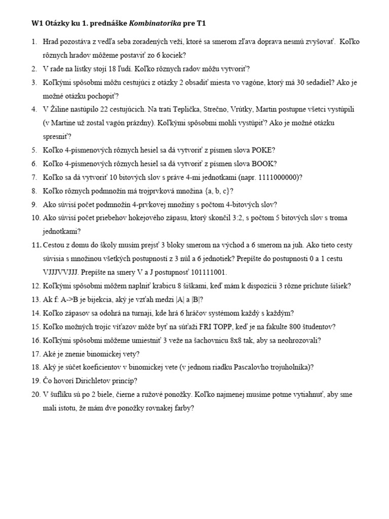 W1 Otazky Prednaska 2023 Kombinatorika | PDF