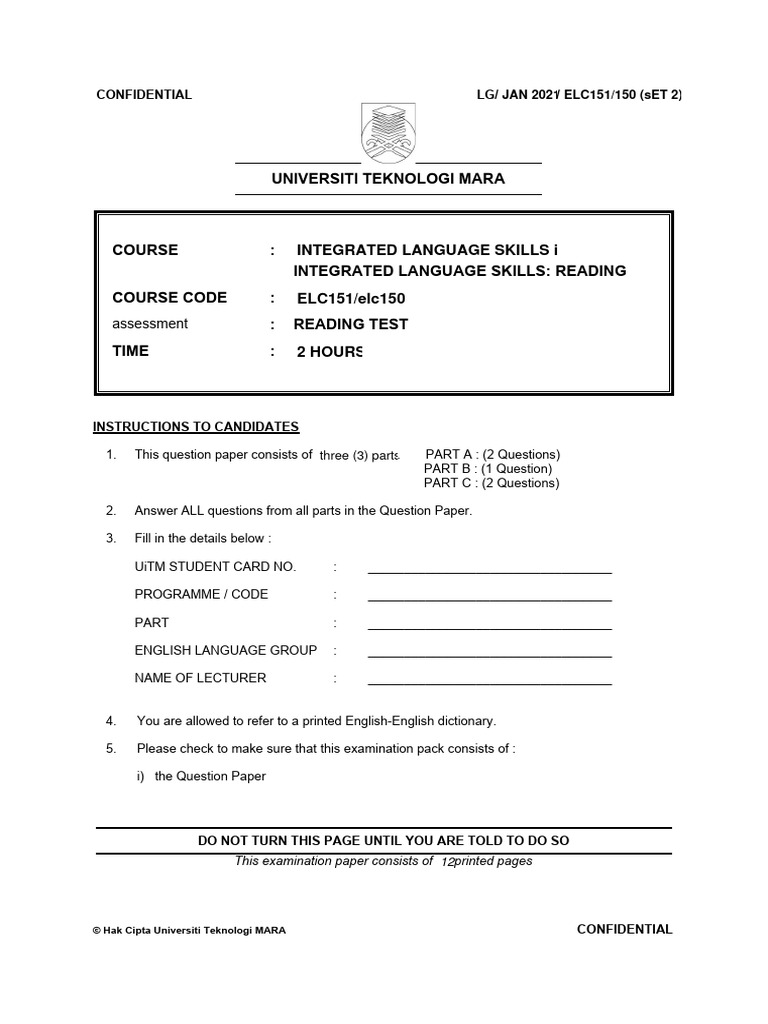 Elc151 - Reading QP - Set 2 | PDF | Imagination | Empathy